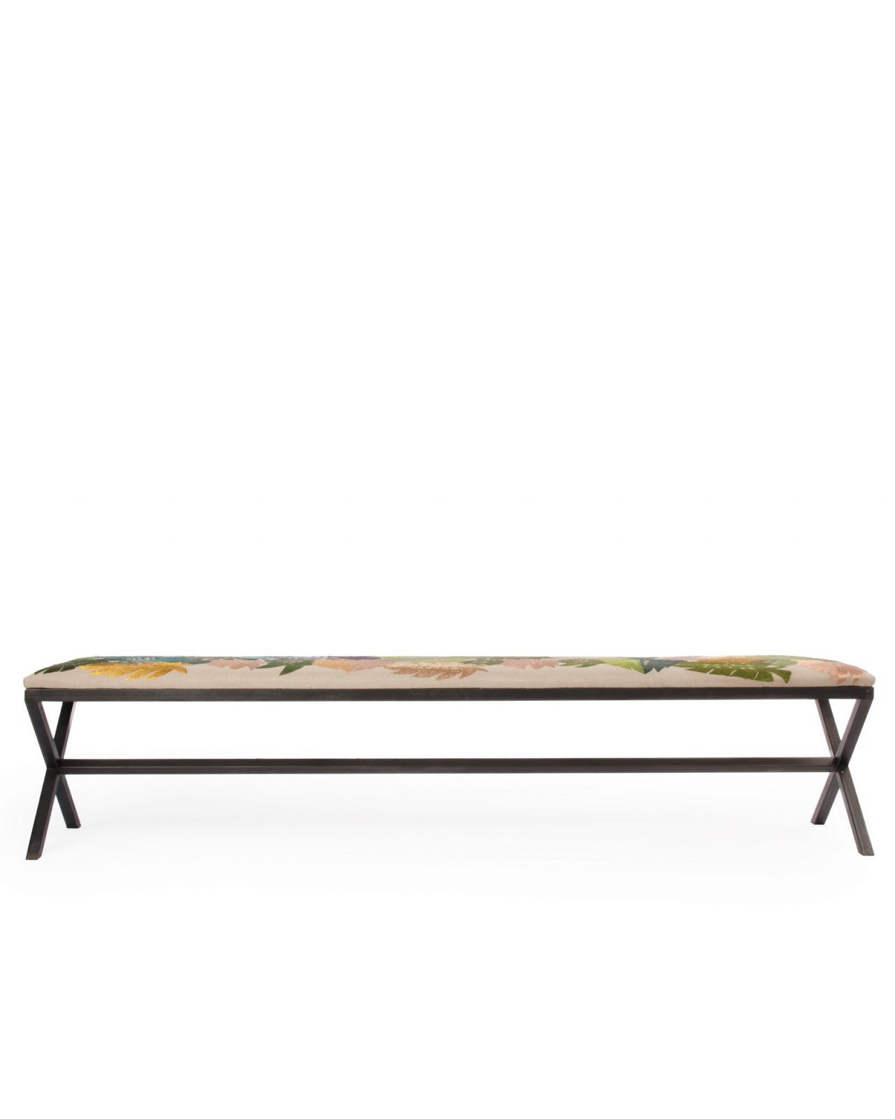 Verde Zak / Green Linen Embroidered X Bench with Metal Frame - Bokja