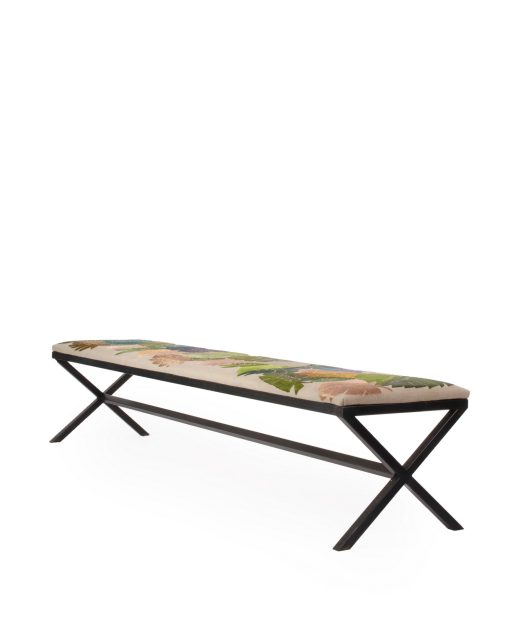 Verde Zak / Green Linen Embroidered X Bench with Metal Frame - Bokja