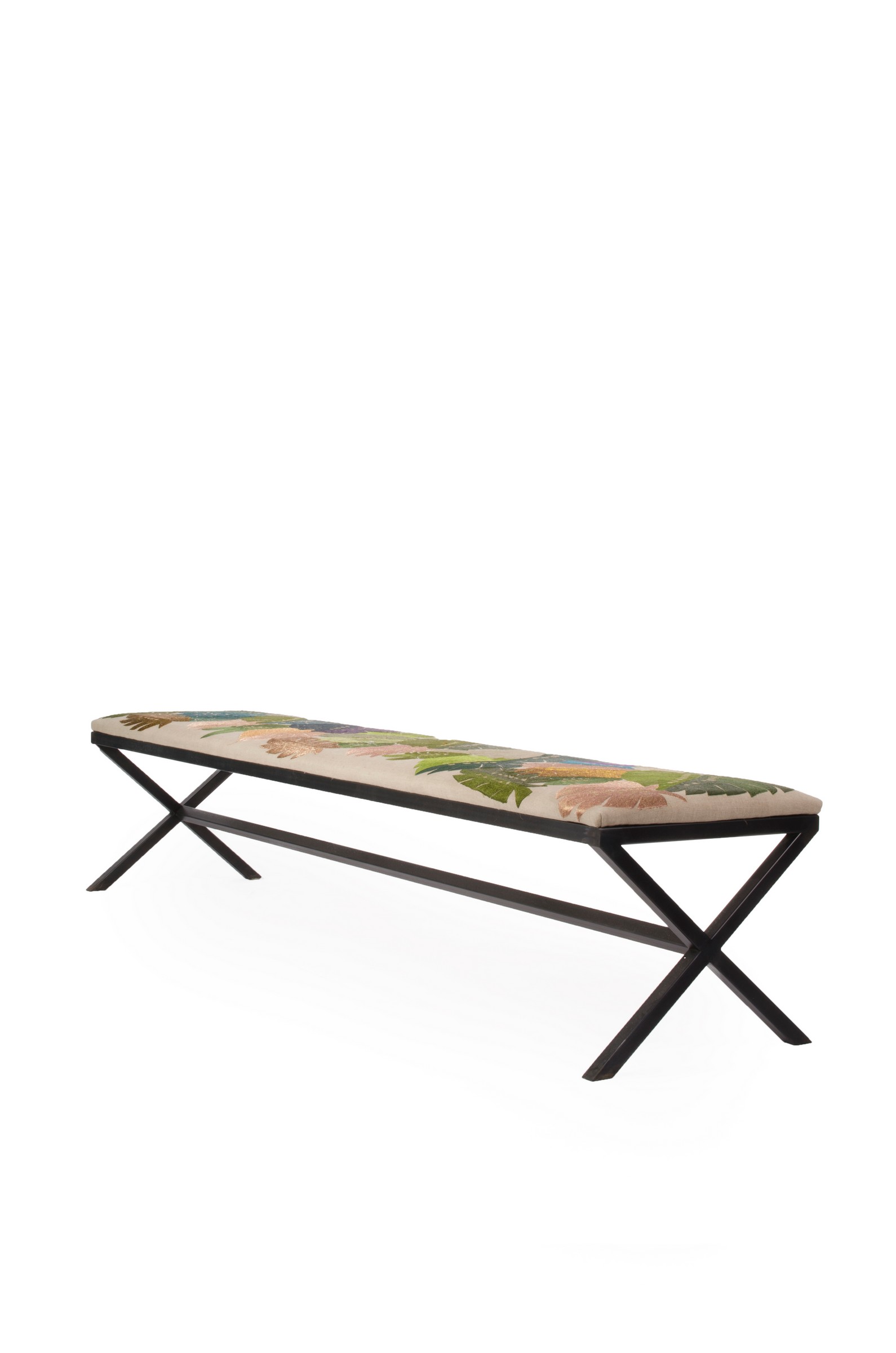 Verde Zak / Green Linen Embroidered X Bench with Metal Frame - Bokja