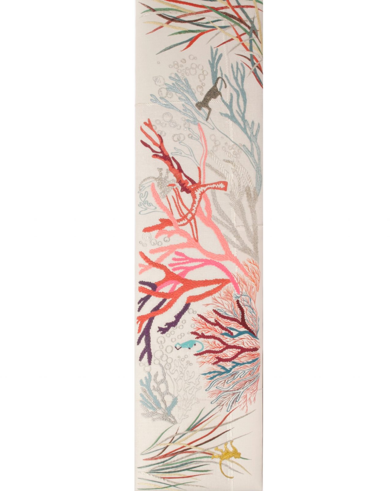 Coral / Linen Embroidered X Bench with Metal Frame - Bokja